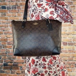 Coach | Bags | Coach Signature Pvc Zip Tote Satchel Black Brown | Poshmark